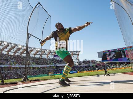 Chad Wright of Jamaica competing in the men’s discus heats at Hayward ...