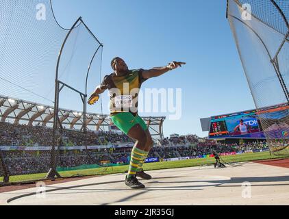 Chad Wright of Jamaica competing in the men’s discus heats at Hayward ...