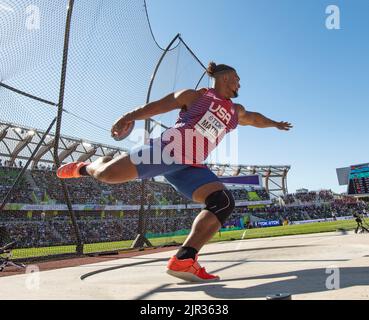 Sam Mattis of the USA competing in the men’s discus heats at Hayward ...
