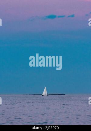 Beverly Harbor Overlook Lone White Sailboat Passing Island Stock Photo ...