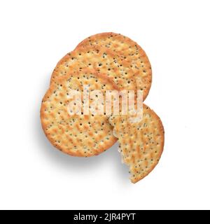 Broken poppy and sesame seed cracker isolated on white background, shot ...