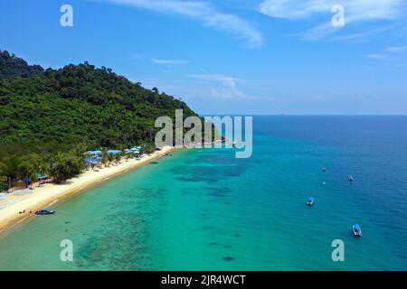 Tioman tropical island drone photo with beautiful blue sea and sky ...