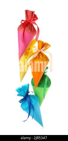 Colourful school cones on white background Stock Photo - Alamy
