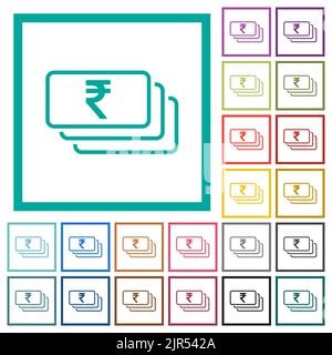 Indian Rupee banknotes outline flat white icons on round color ...