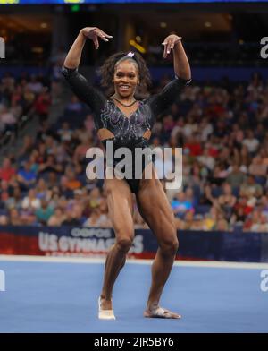 August 21, 2022: Shilese Jones warms up on the bars prior to the finals ...