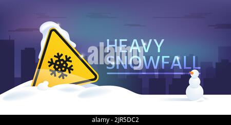 Heavy snowfall web banner has a warning sign with a snowflake symbol ...