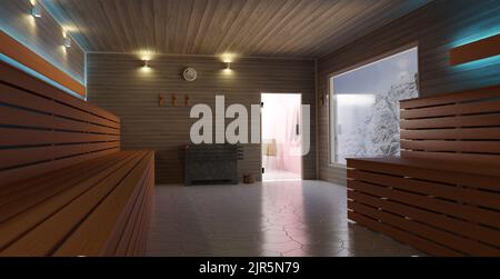 A modern sauna room with lovely view, 3D illustration Stock Photo - Alamy