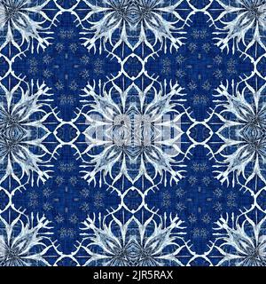 Indigo blue snow flake damask pattern background. Frosty painterly ...