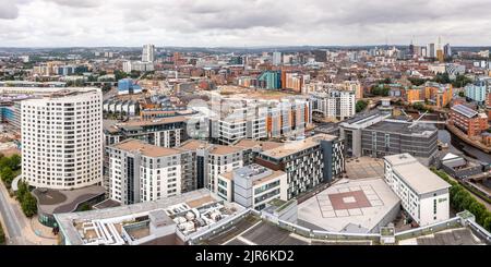 LEEDS, UK - AUGUST 19, 2022. An aerial panorama cityscape of Leeds Dock ...