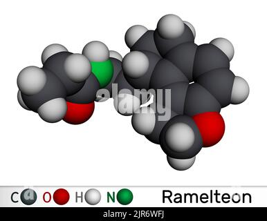Ramelteon. Molecular model of the drug ramelteon (C16.H21.N.O2), a ...