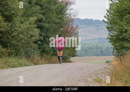 a lone man in a purple top, jogging along an unmade track road, hiking ...