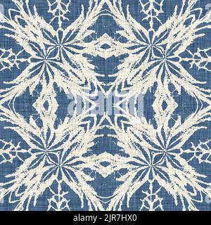 Farmhouse blue snow flake pattern background. Frosty batik damask ...