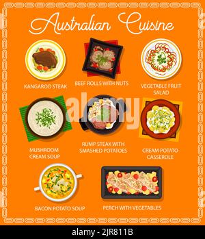 Australian cuisine food menu dishes, Australia restaurant meals, vector ...