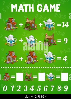 Cartoon fairytale houses, math game worksheet and vector education maze ...