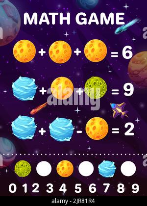 Math game worksheet, cartoon fantastic magic trees and plants, vector ...