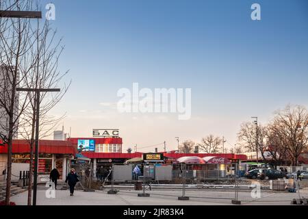 Picture of the main tower of the Belgrade bus station with a logo of ...