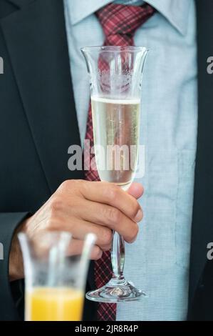 Rottweil, Germany. 20th Aug, 2022. Champagne glasses are placed on a ...