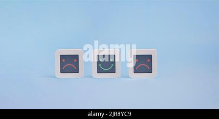 Set of computers with stylized faces of happy, sad and angry faces on ...