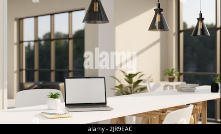 Modern minimal white co-working space interior design with laptop ...
