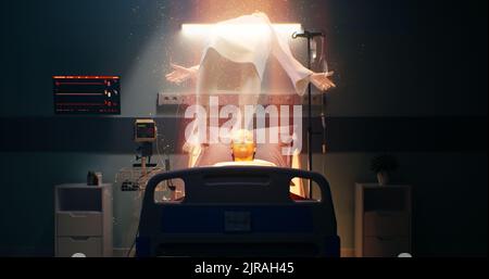 Soul leaving body of dead man lying on bed in ward of oncology hospital ...