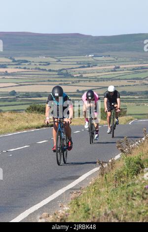 7thAug22 Gower Swansea Wales UK Triathlon Ironman cycling event Cyclist ...