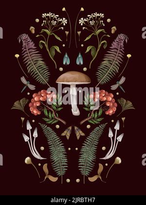 Watercolor autumn floral composition with berries, fall leaves, dahlia ...