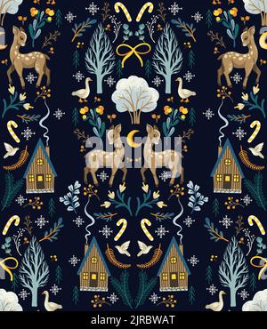 Christmas card with rustic animals, birds and trees. Wallpaper print ...