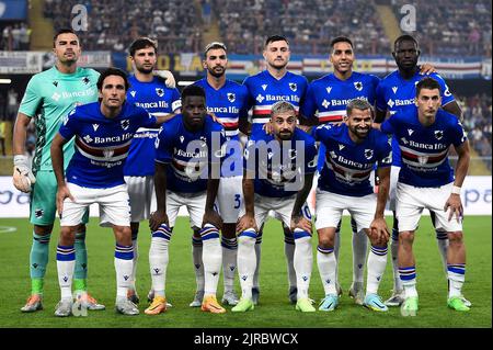 Genoa, Italy. 22 August 2022. Mehdi Leris of UC Sampdoria is tackled by ...