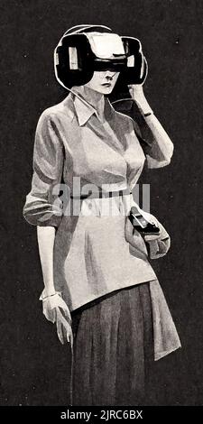 Vertical grayscale of a vintage woman in 1960s style wearing a VR ...