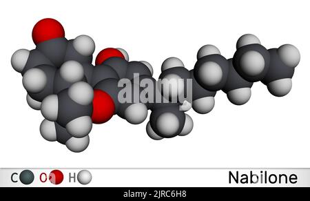 Nabilone molecule. It is synthetic cannabinoid, used as antiemetic drug ...