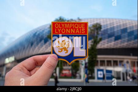 September 12, 2021, Lyon, France. The emblem of the football club ...