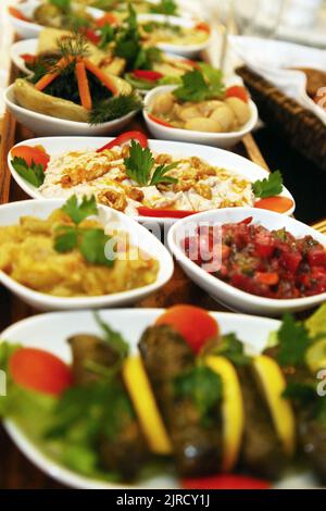 Traditional Turkish appetizer foods (Turkish meze) with raki on the ...