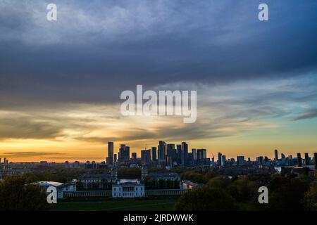A dramatic sunset over Central London as seen from Greenwich Stock ...