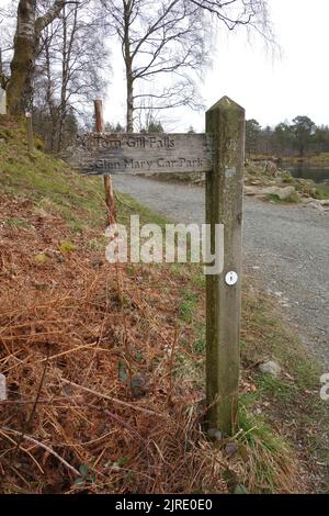 Old Wooden Signpost to Tom Gill Falls & Glen Mary Car Park at Tarn Hows ...