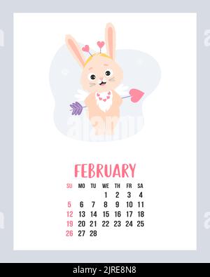 February 2023 calendar. Cute bunny Winged cupid shoots an arrow with ...