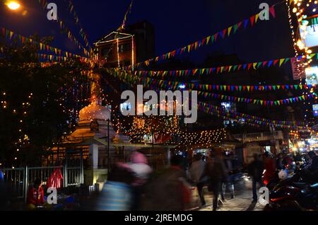 Parade of Nepalese people for celebration and respect praying rite to ...