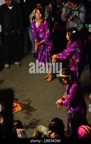 Parade of Nepalese people for celebration and respect praying rite to ...