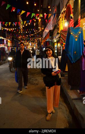 Parade of Nepalese people for celebration and respect praying rite to ...