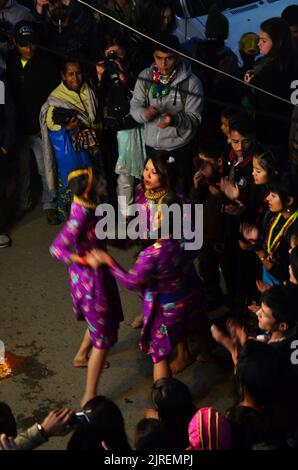 Parade of Nepalese people for celebration and respect praying rite to ...