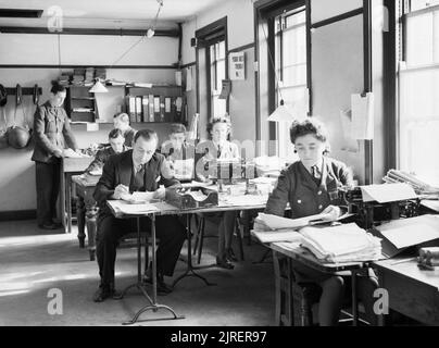 Interior of the orderly room at RAF Duxford in Cambridgeshire, with RAF ...
