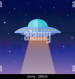2D flat illustration of UFO in space with beam from below. Minimalist ...