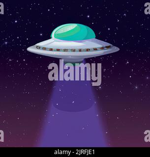 2D flat illustration of UFO in space with beam from below. Minimalist ...