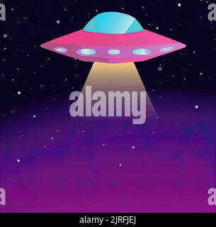 2D flat illustration of UFO in space with beam from below. Minimalist ...