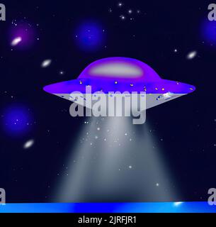 2D flat illustration of UFO in space with beam from below. Minimalist ...