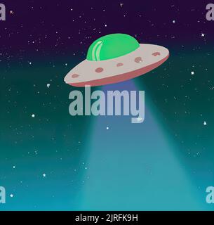 2D flat illustration of UFO in space with beam from below. Minimalist ...