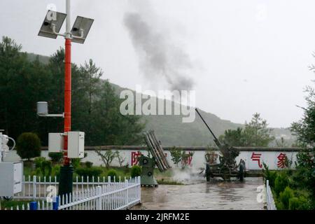 WEINING, CHINA - AUGUST 24, 2022 - Citizens use rocket anti-aircraft ...