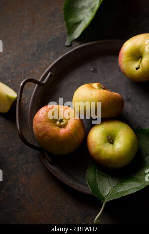 Small flattened apples on a metal tray on a dark background Stock Photo ...