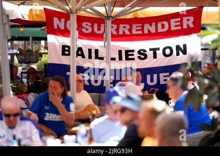 Rangers fans display a banner in the stands during the William Hill ...
