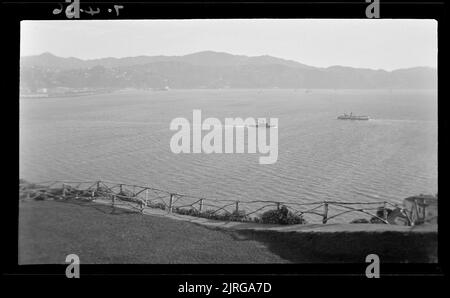 Wellington Harbour (Port Nicholson) with tug and ferry boat passing ...
