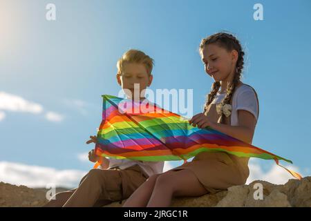 Teenage friends met in nature, talking collecting a kite Stock Photo ...
